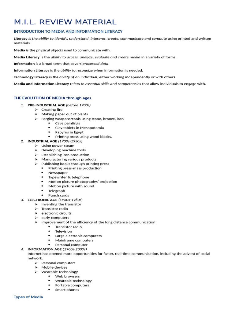 MEDIA INFORMATION AND LITERACY - Review Material | PDF | Internet ...