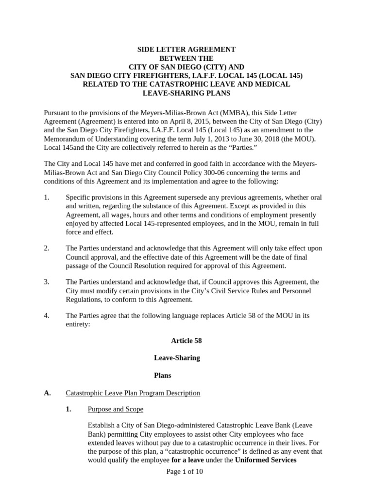 Side Letter Agreement Sample Clause | PDF | Sick Leave | Payroll