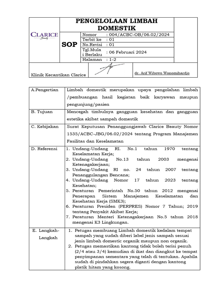 Ep.2.3.1.2 Sop Pengelolaan Limbah Domestik Revisi Benar | PDF