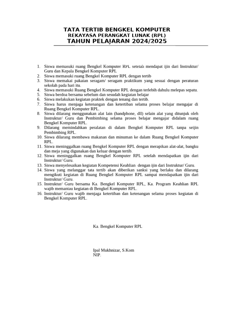 TATA TERTIB BENGKEL KOMPUTER | PDF