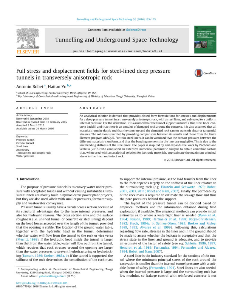 Full Stress and Displacement Fields for Steel Lined Deep Pressure Tunnels in Transversely ...