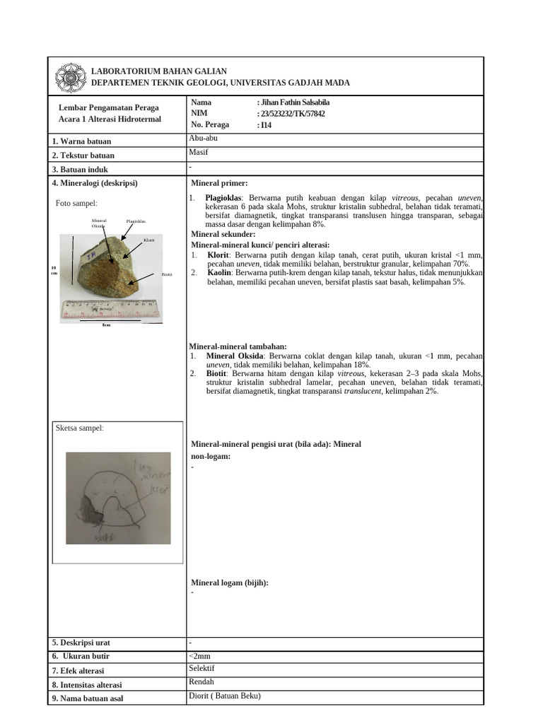 Borang Praktikum Acara 2 (Alterasi Hidrotermal) | PDF