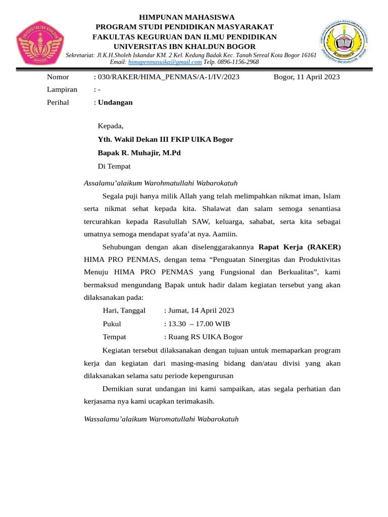 Undangan Rapat Kerja HIMA PENMAS | PDF