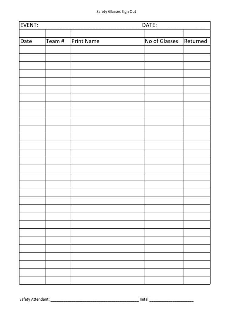 Safety Glasses Sign Out Sheet | PDF
