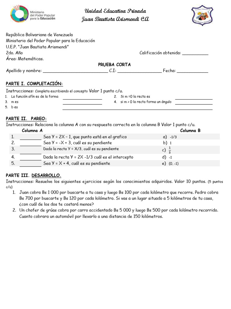 Prueba Corta de Matemáticas | PDF