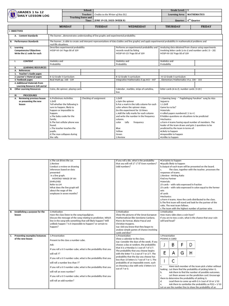 Grade 5 DLL MATH 5 Q4 Week 8 | PDF | Probability | Mathematics