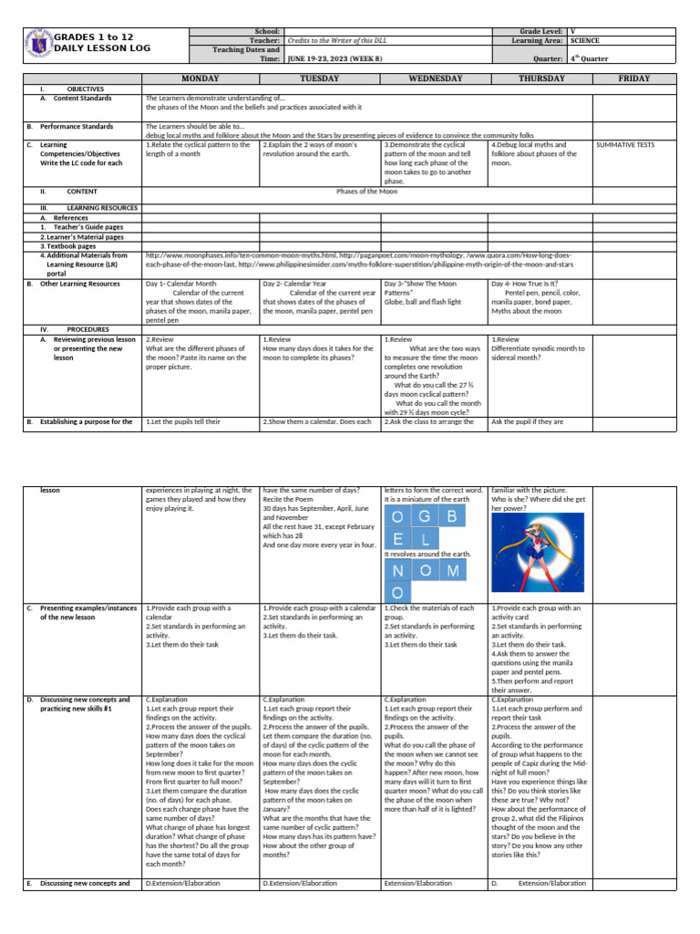 Grade 5 DLL SCIENCE 5 Q4 Week 8 | PDF | Moon | Lunar Science
