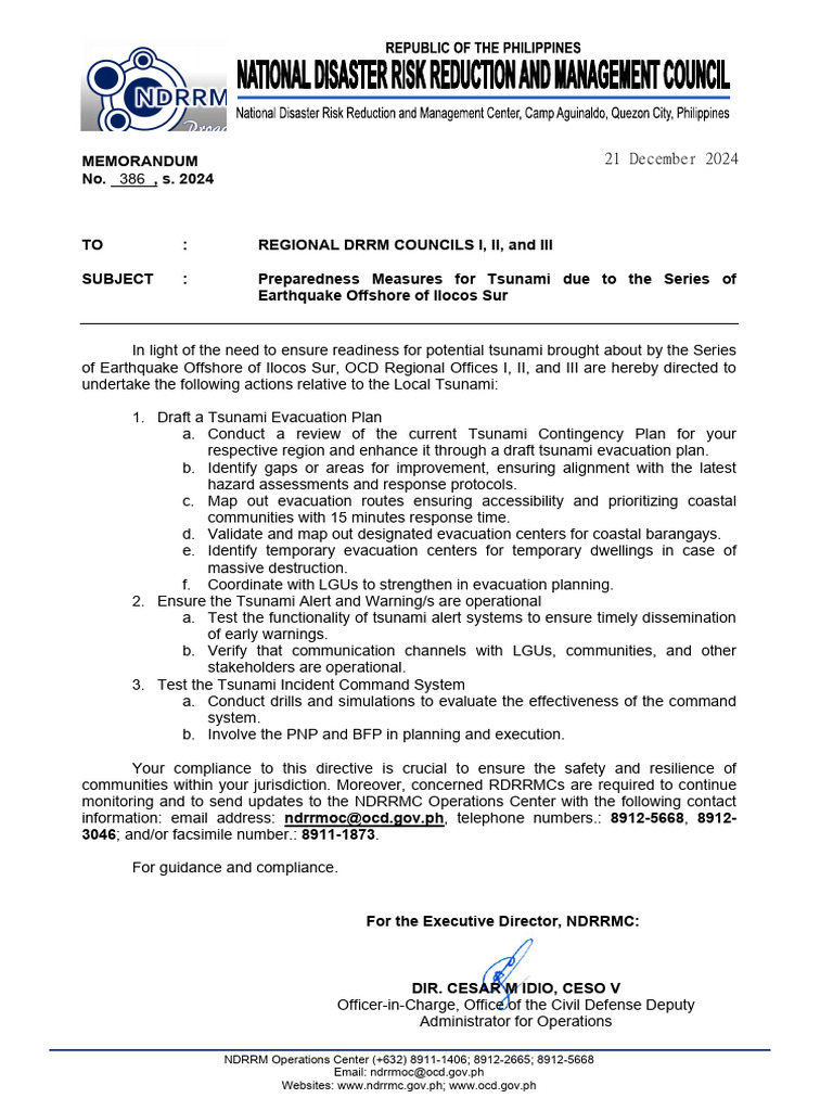 NDRRMC Memorandum No 386 S 2024 | PDF | Emergency Evacuation | Tsunami