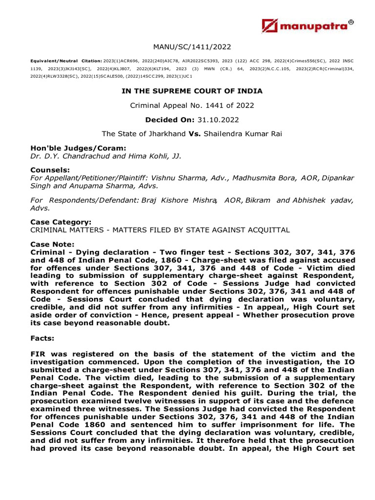 67.-The State of Jharkhand Vs Shailendra Kumar Rai 311SC202202112214402770COM223427-1 | PDF ...