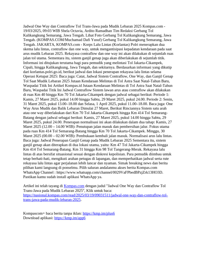 Jadwal One Way dan Contraflow Tol Trans | PDF