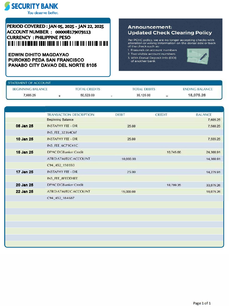 Security Bank Statement PDF | PDF