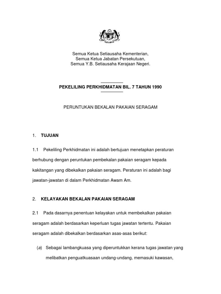 Pekeliling Perkhidmatan Bil 7 Tahun 1990 Peruntukan Bekalan Pakaian ...