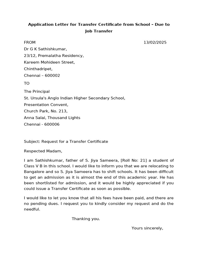 Application Letter for Transfer Certificate from School | PDF