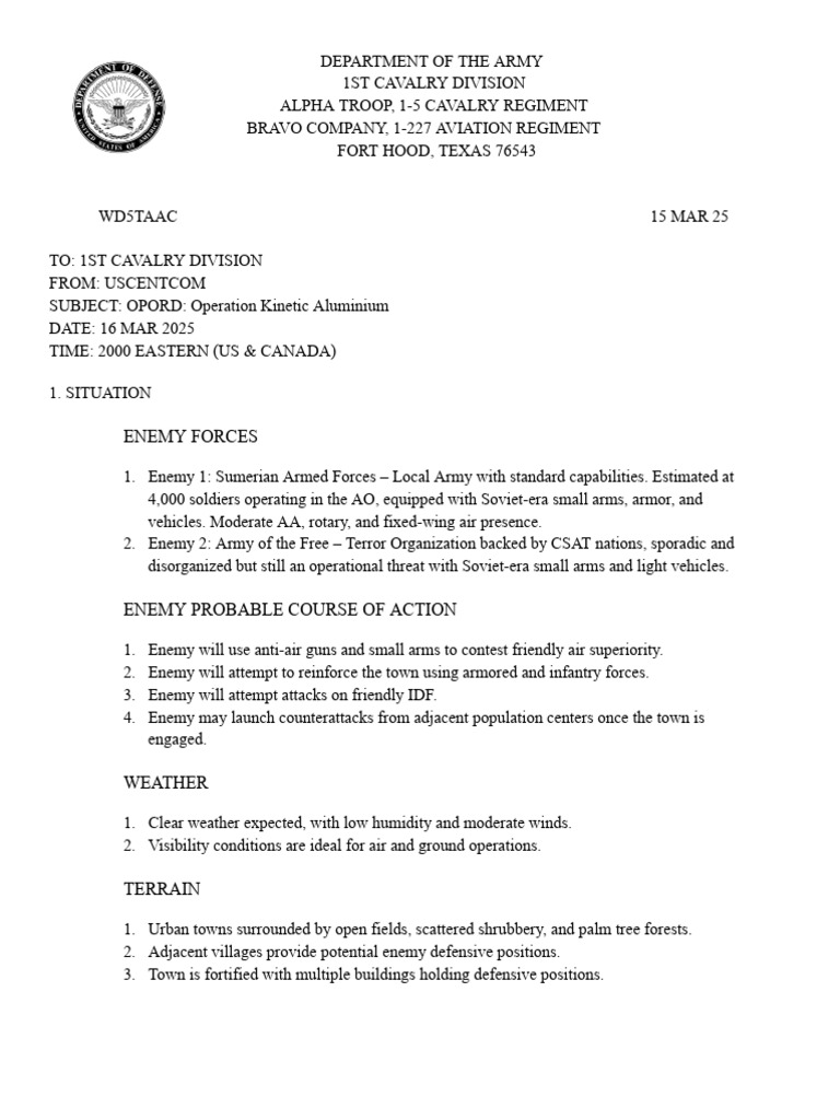 OPORD Operation Kinetic Aluminum | PDF | Cavalry | Regiment