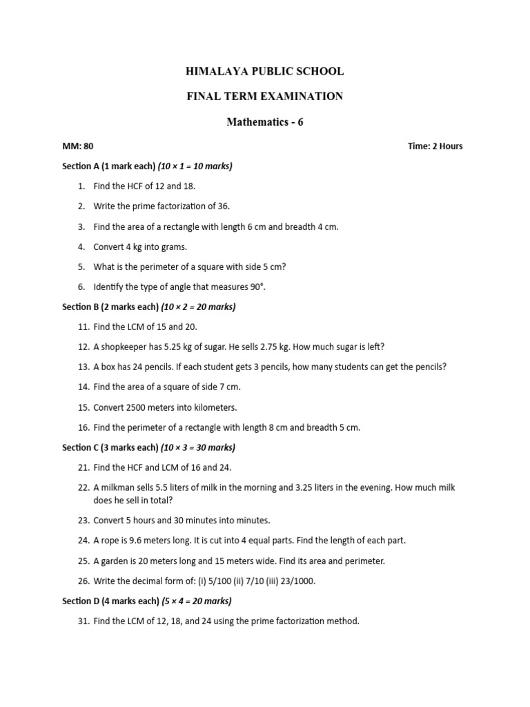 6th Grade Math Exam Questions | PDF