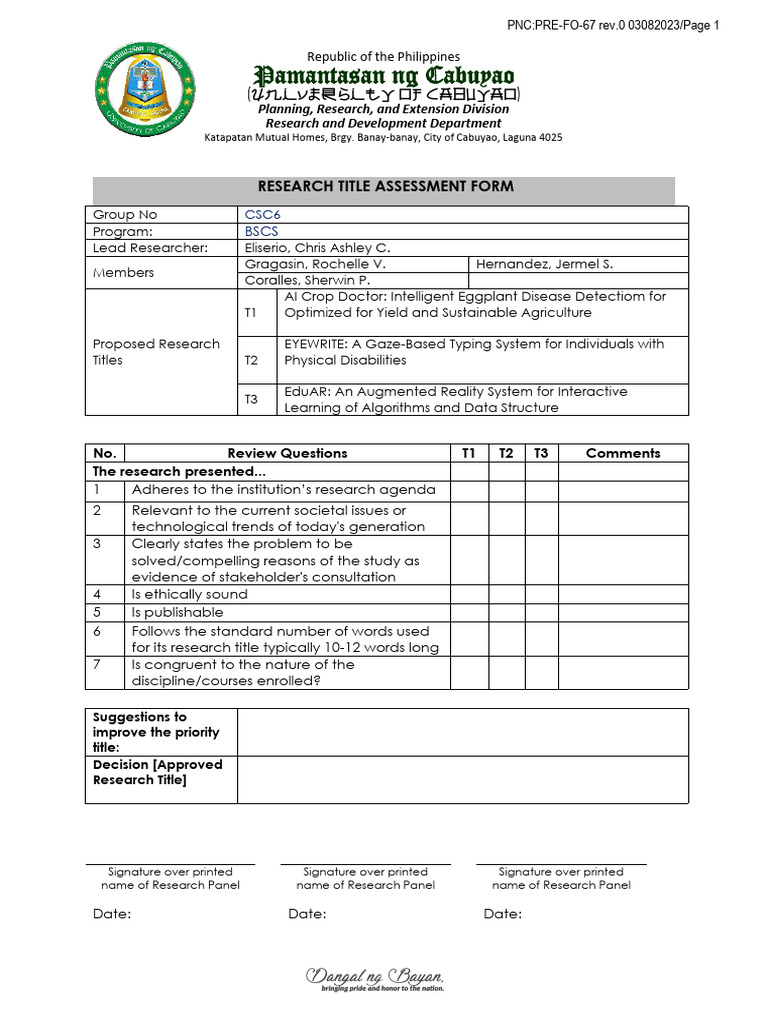 PNC PRE FO 67 Research Title Assessment Form | PDF