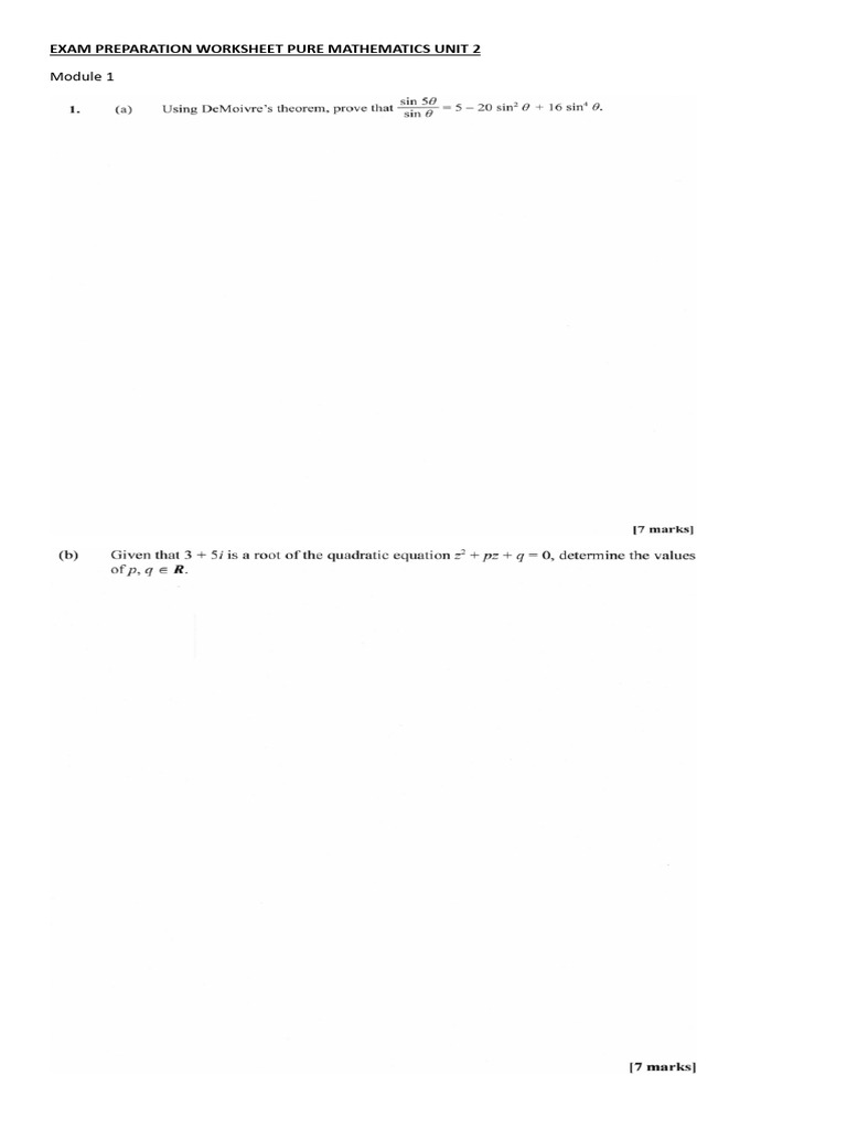Exam Preparation Worksheet Pure Mathematics Unit 2 | PDF