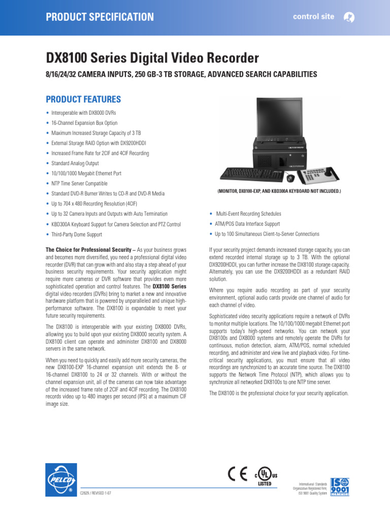 Pelco DX8100 Series DVR Spec | PDF | Video | Digital Video Recorder