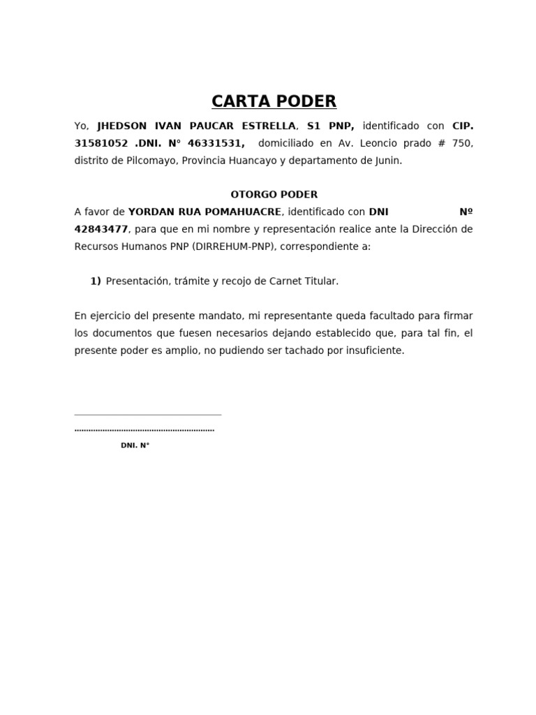 Carta Poder para Trámites PNP | PDF