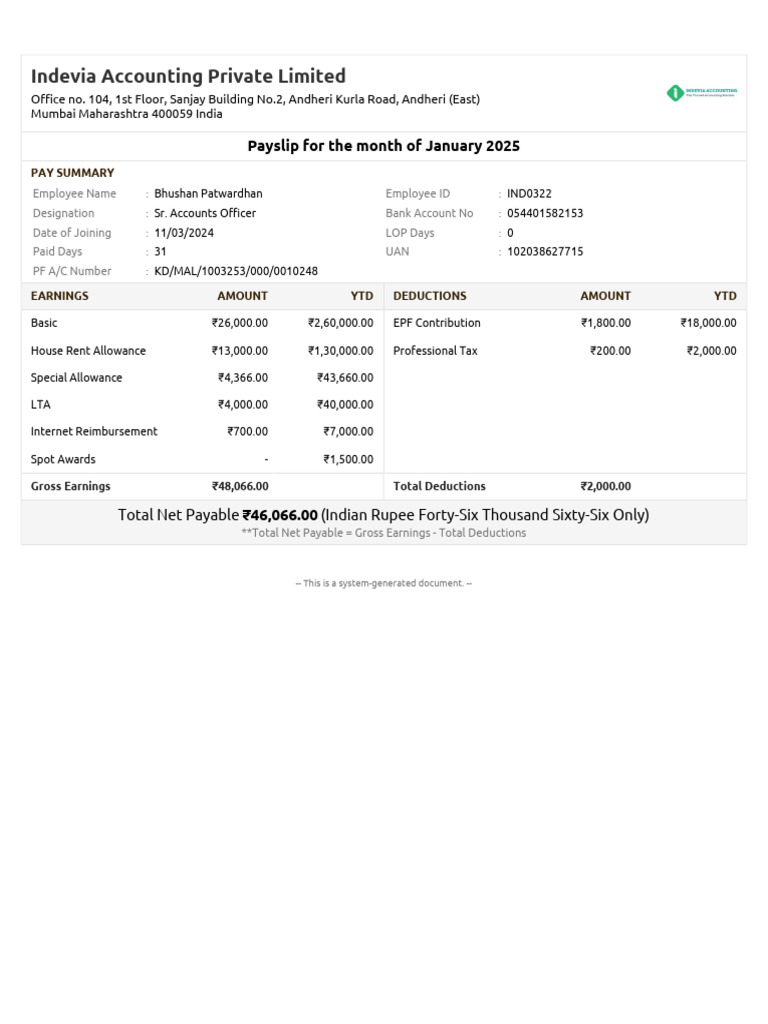 Payslip IND0322 Jan 2025 | PDF