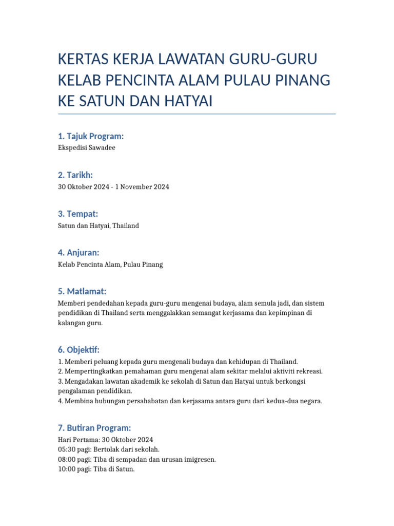 Kertas Kerja Lawatan Satun Hatyai | PDF