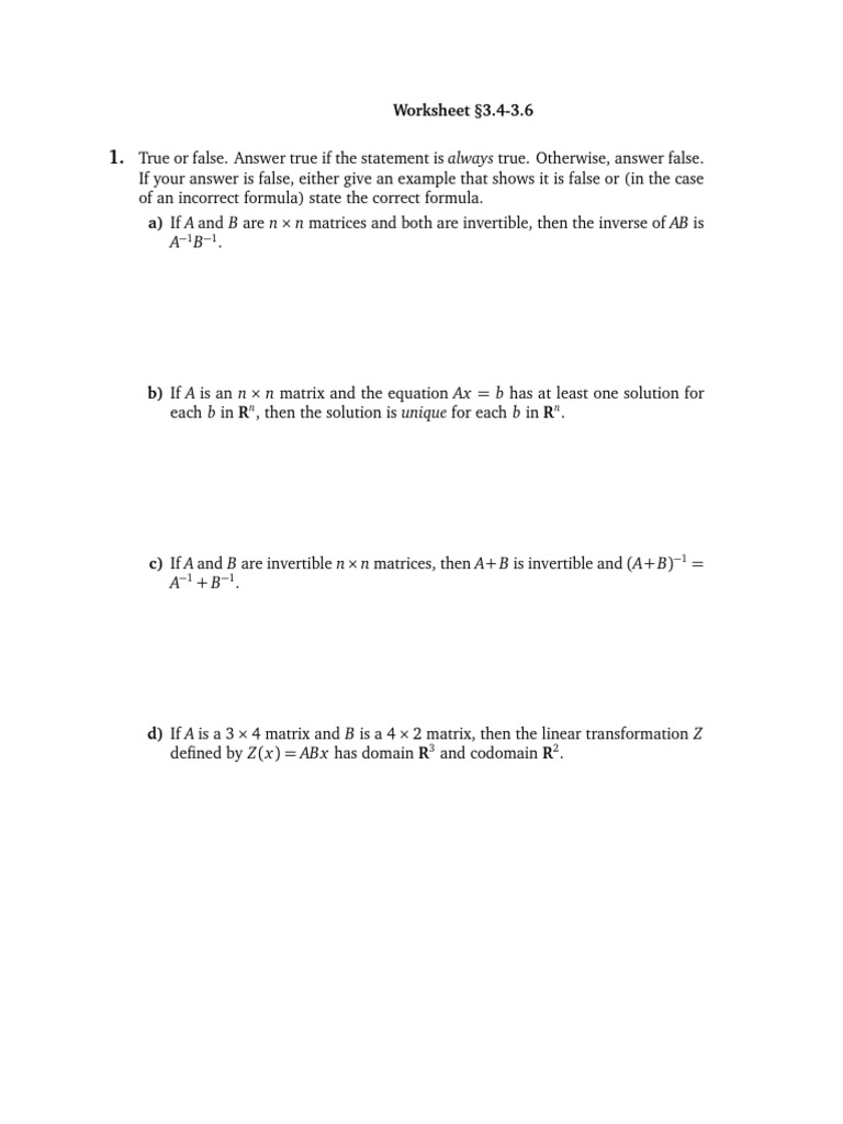 Math 1553 Worksheet on Matrix Inverses | PDF