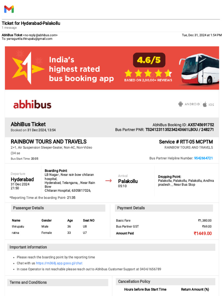Gmail - Ticket For Hyderabad-Palakollu | PDF | Payments | Transport