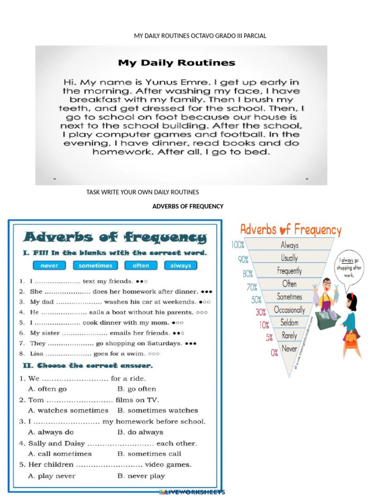 MY DAILY ROUTINES Adverbs of frequency OCTAVO GRADO III PARCIAL | PDF