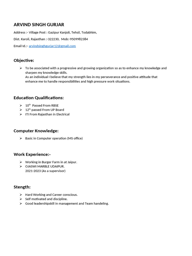 Arvind Singh Gurjar Resume | PDF