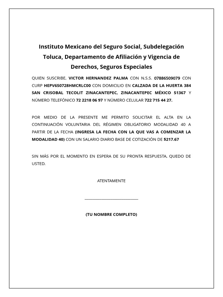 Escrito Libre Modalidad 40 IMSS | PDF
