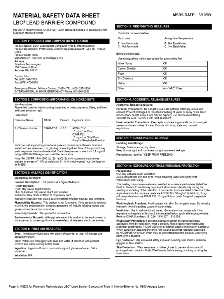 LBC Lead Barrier Compound 5800 5801 Msds | PDF | Waste | Incineration
