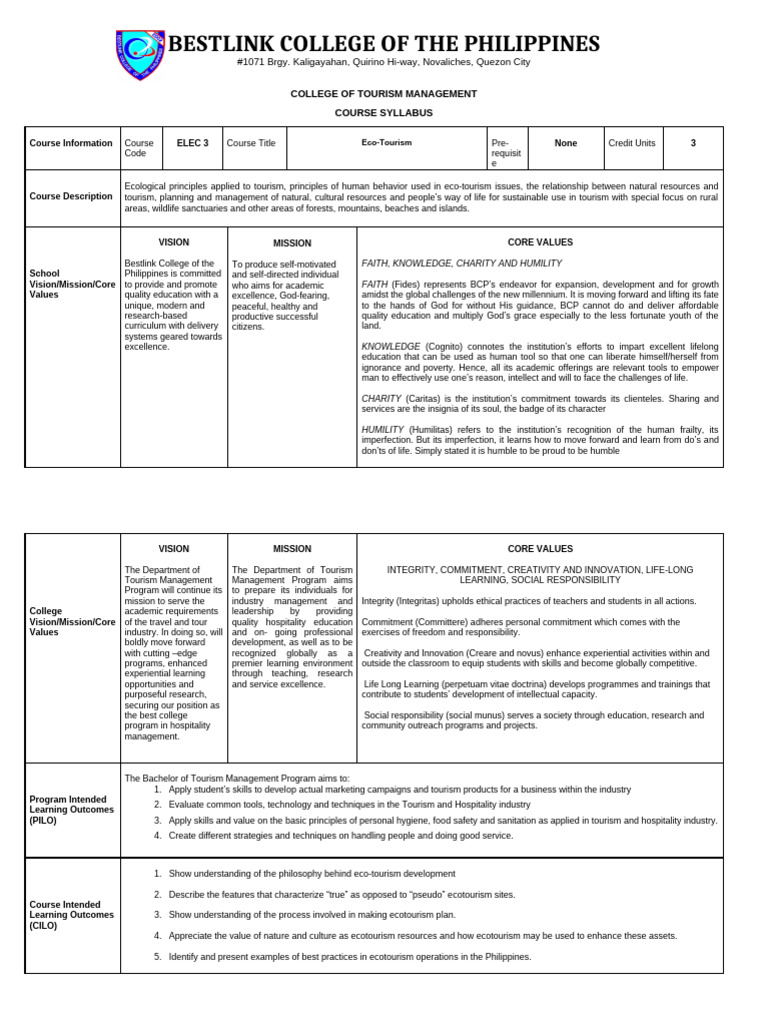Eco-Tourism Course Syllabus Overview | PDF | Lecture | Tourism