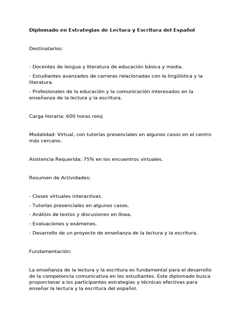 Diplomado en Estrategias de Lectura y Escritura Del Español | PDF ...