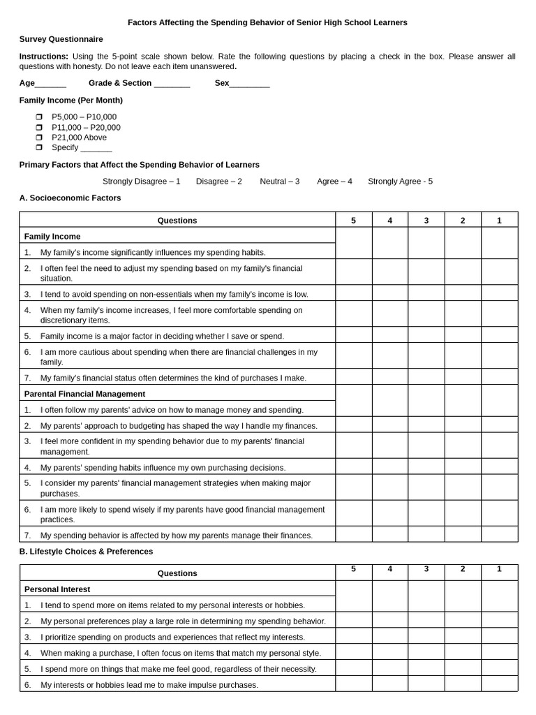 Survey Questionnaire Final | PDF | Behavior | Consumerism