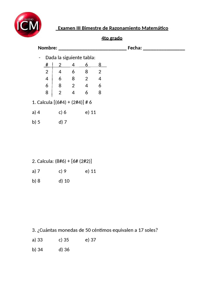 Examen III Bimestre de Raz. Matem. | PDF