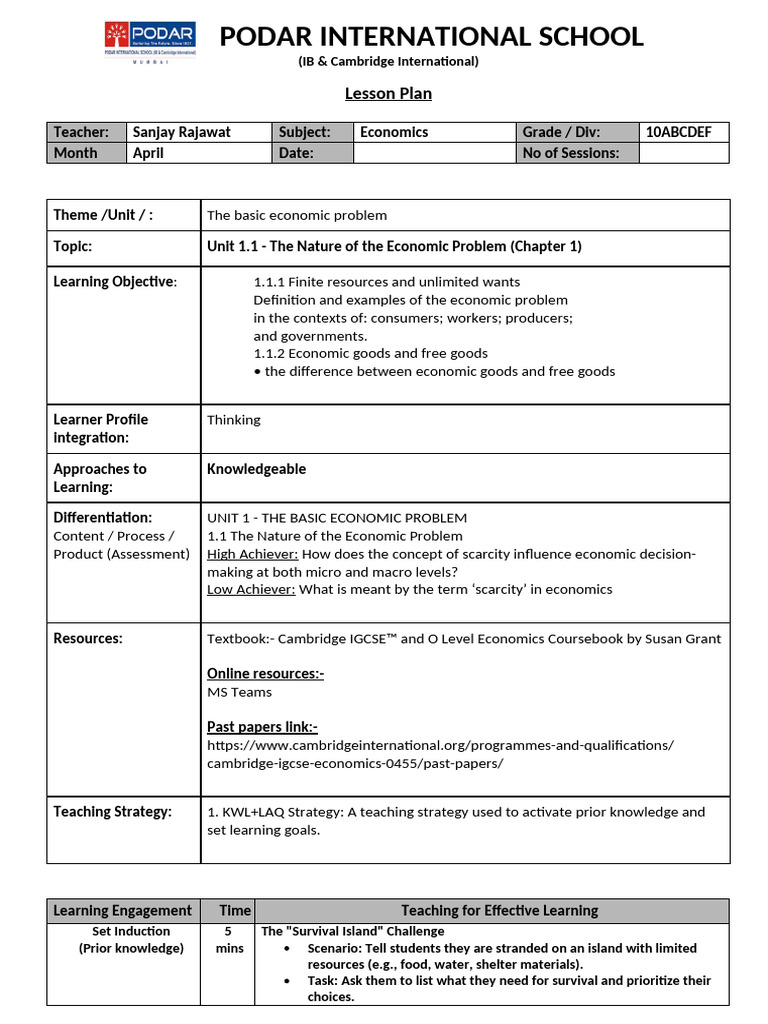 Unit 1 Lesson Plan 2025 - Eco | PDF | Cost Of Living | Opportunity Cost