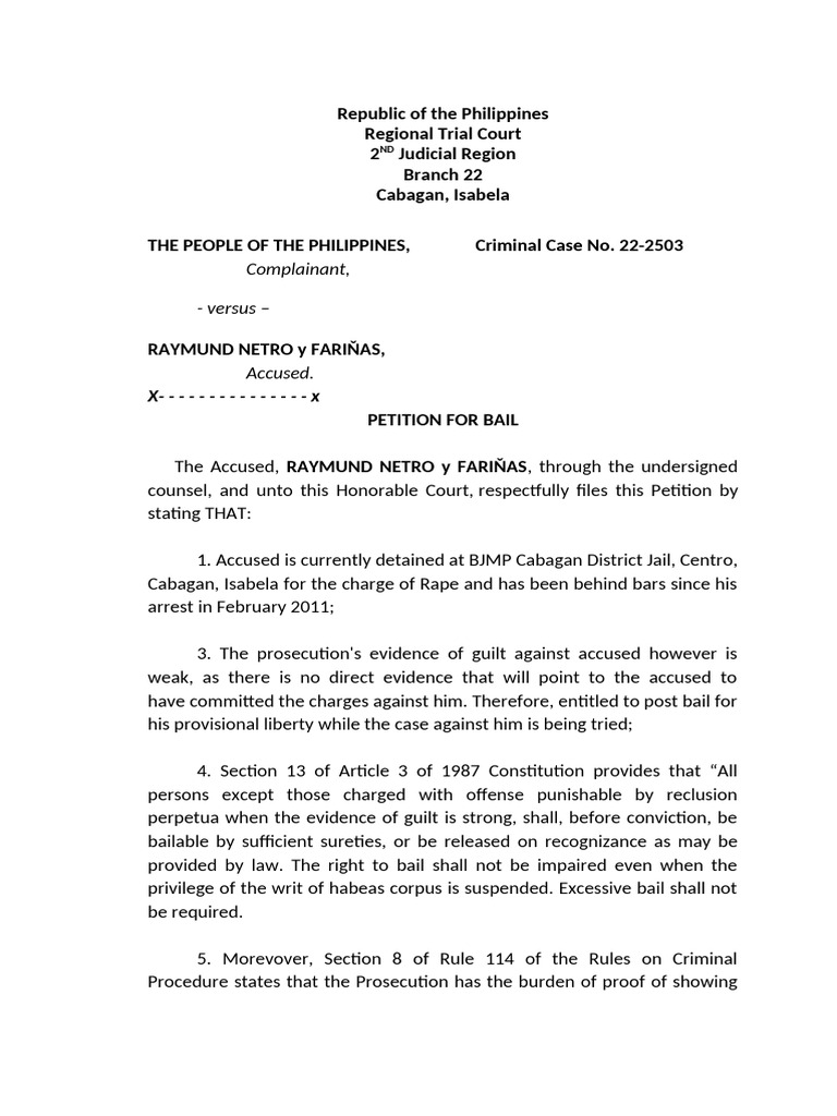 Petition for Bail in Rape Cases | PDF | Bail | Common Law