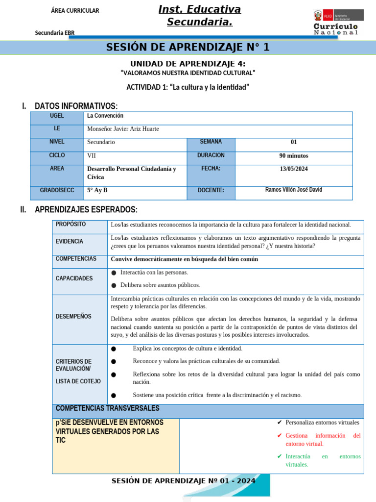 5º DPCC - SES 1 UNI 4 - SEM 01 (Reparado) | PDF | Maestros | Aprendizaje