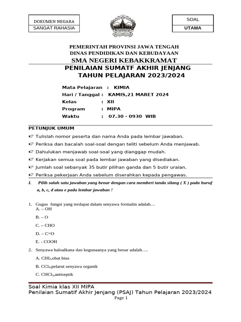 Soal Psaj 2023-2024 Kimia | PDF
