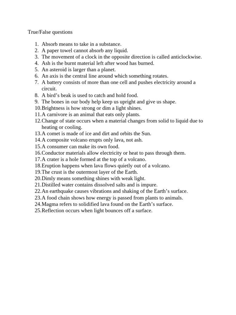 True/False Science Questions Quiz | PDF