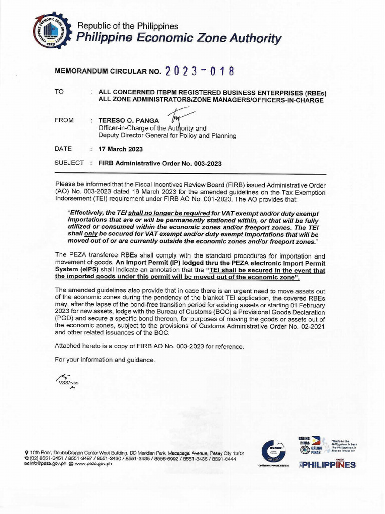 PEZA Memorandum-Circular No.2023-018 FIRB Administrative Order No.003-2023 | PDF
