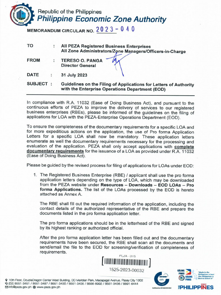 PEZA Memorandum-Circular No.2023-040 Guidelines - On - The - Filing - of - Applications - For ...