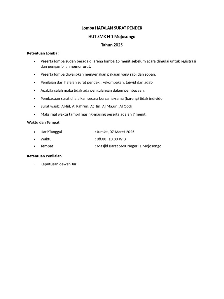 Ketentuan Lomba Hafalan Surat Pendek | PDF