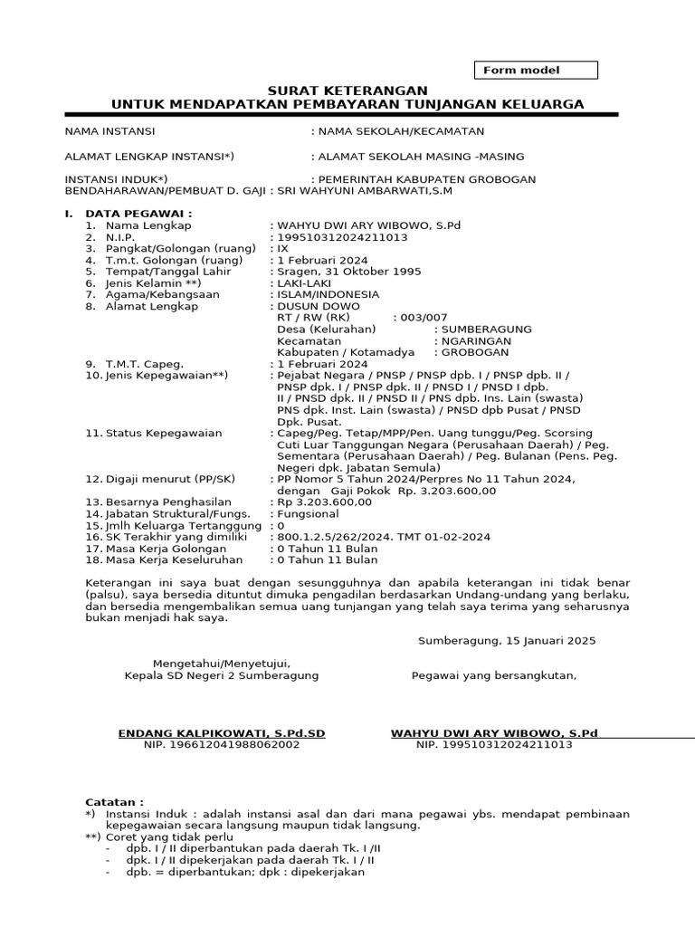 Surat Keterangan Tunjangan Keluarga PNS | PDF
