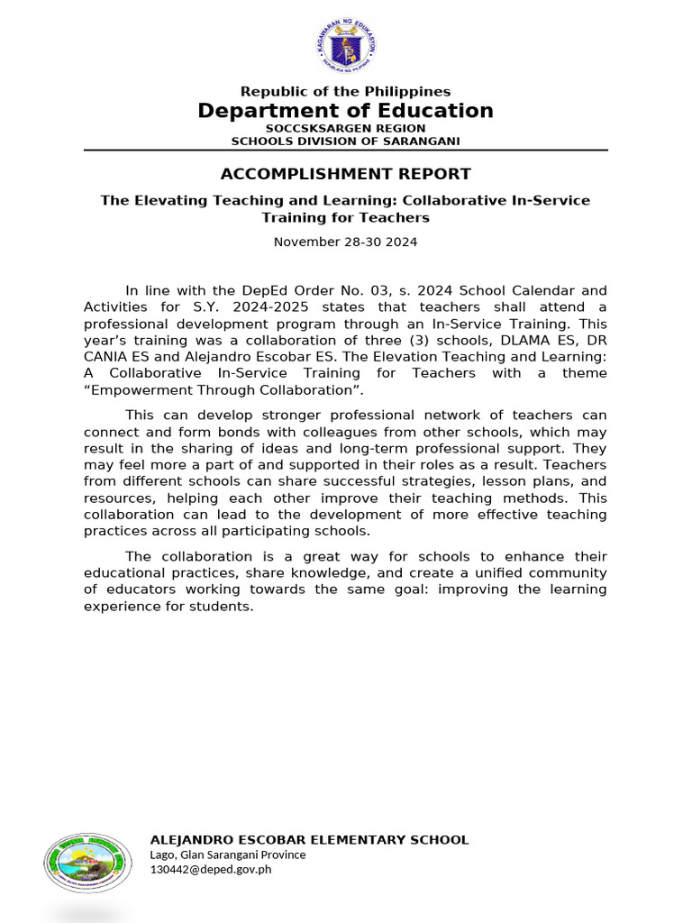 Accomplishment Report on INSET 2024 | PDF