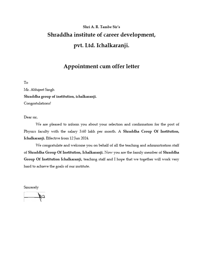 Confirmation and Offer Letter From Shraddha Group | PDF