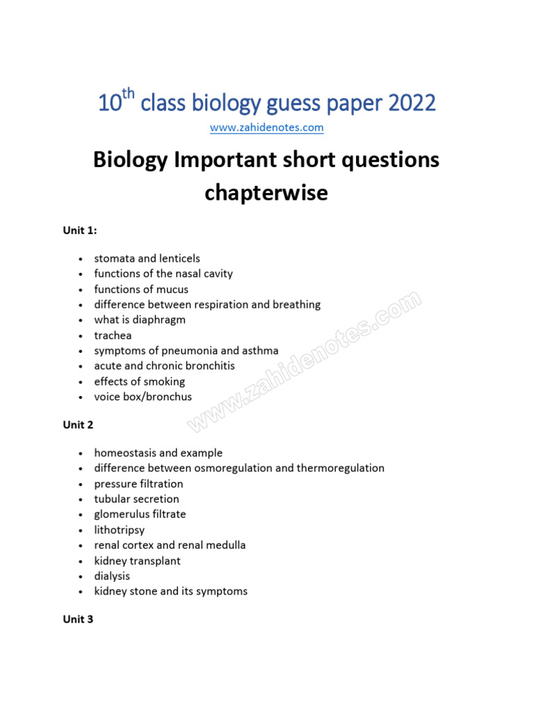 10th Class Biology Guess Paper 2022by Zahid Notes | PDF | Dominance ...