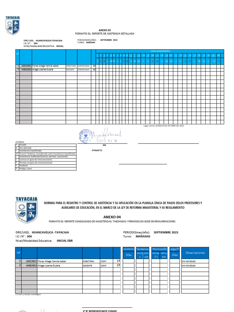 PARTE MENSUAL - SEPTIEMBRE 2023 - ANEXO 3 Y 4 - I.E. #304 Ocoro | PDF