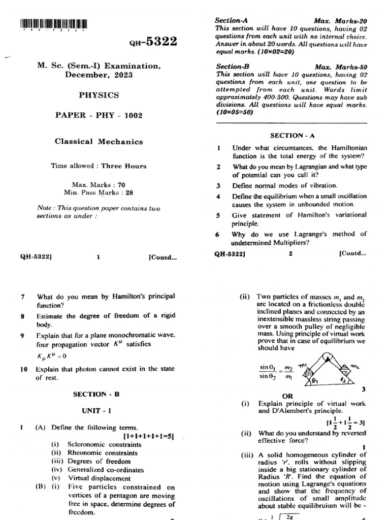 MSC 1 Sem Physics Classical Mechanics QH 5322 Dec 2023 | PDF