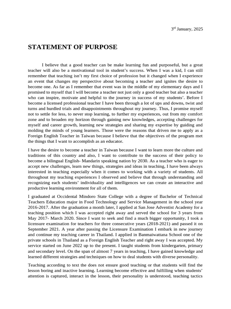 STATEMENT OF PURPOSE | PDF | Learning | Teachers